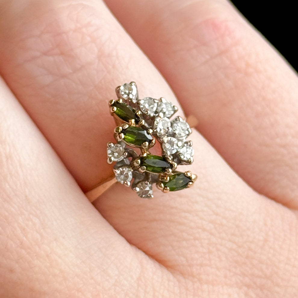 Vintage Green Tourmaline Marquise & Diamond Cluster Ring in 14K ...